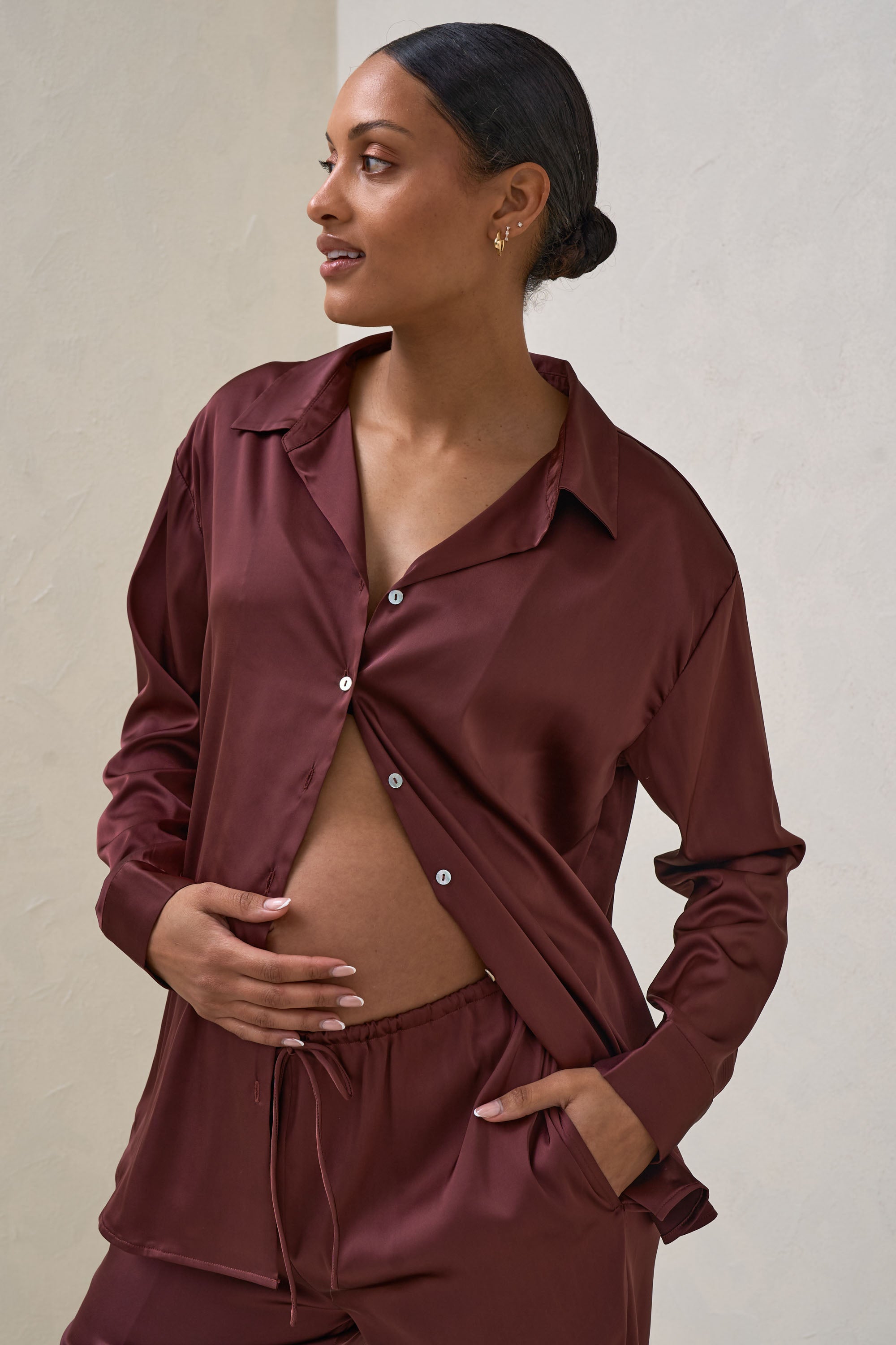 WHS26-SHI18-Spontaneous Satin Shirt - Burgundy – BAE The Label Australia
